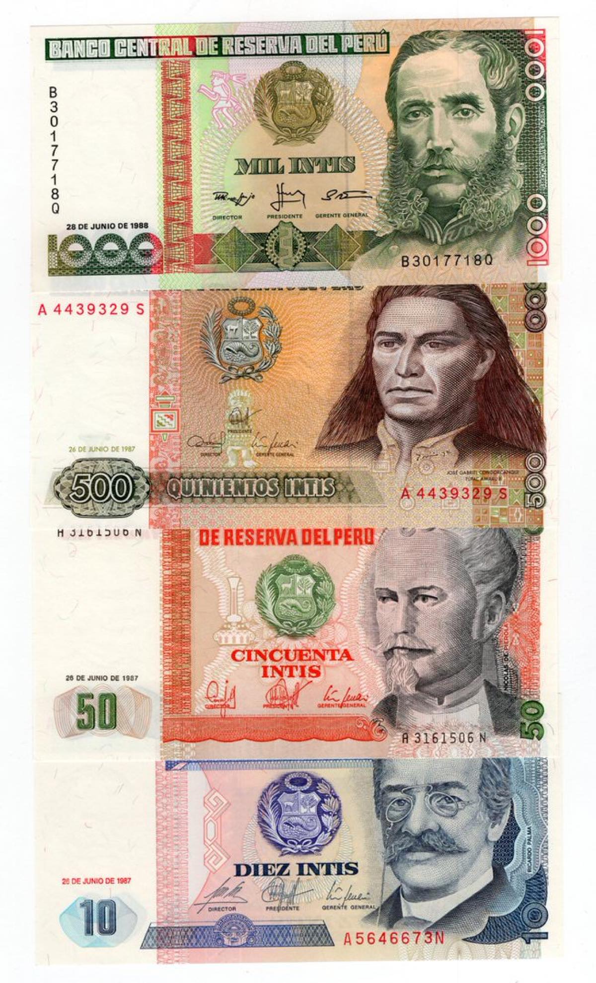 Perù - lotto di 4 banconote da 10, 50, 500, 1000 ... - Numismatic ...