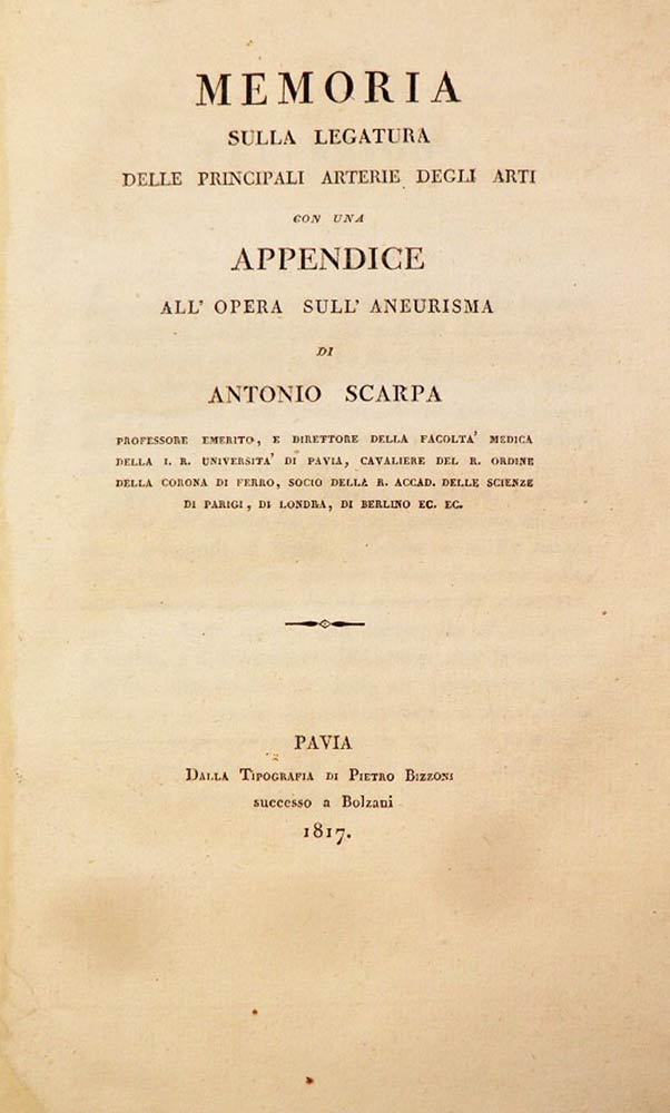 ANTONIO SCARPA (1752-1832)Memoria sulla legatura ... - Bertolami Fine Art