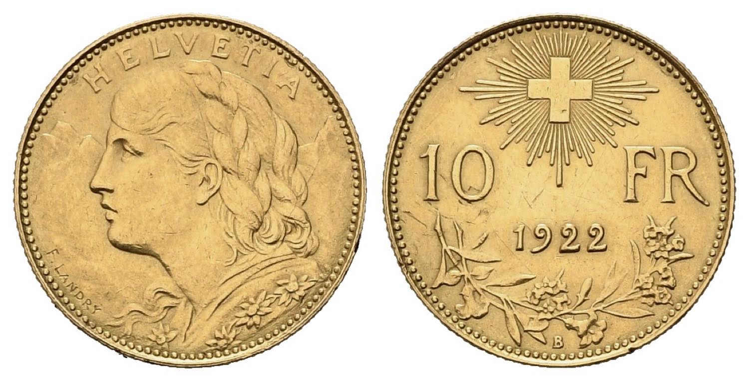 SVIZZERA. 10 franchi 1922. B. Au (18,95 mm - 3,22 ... - Bertolami Fine Art